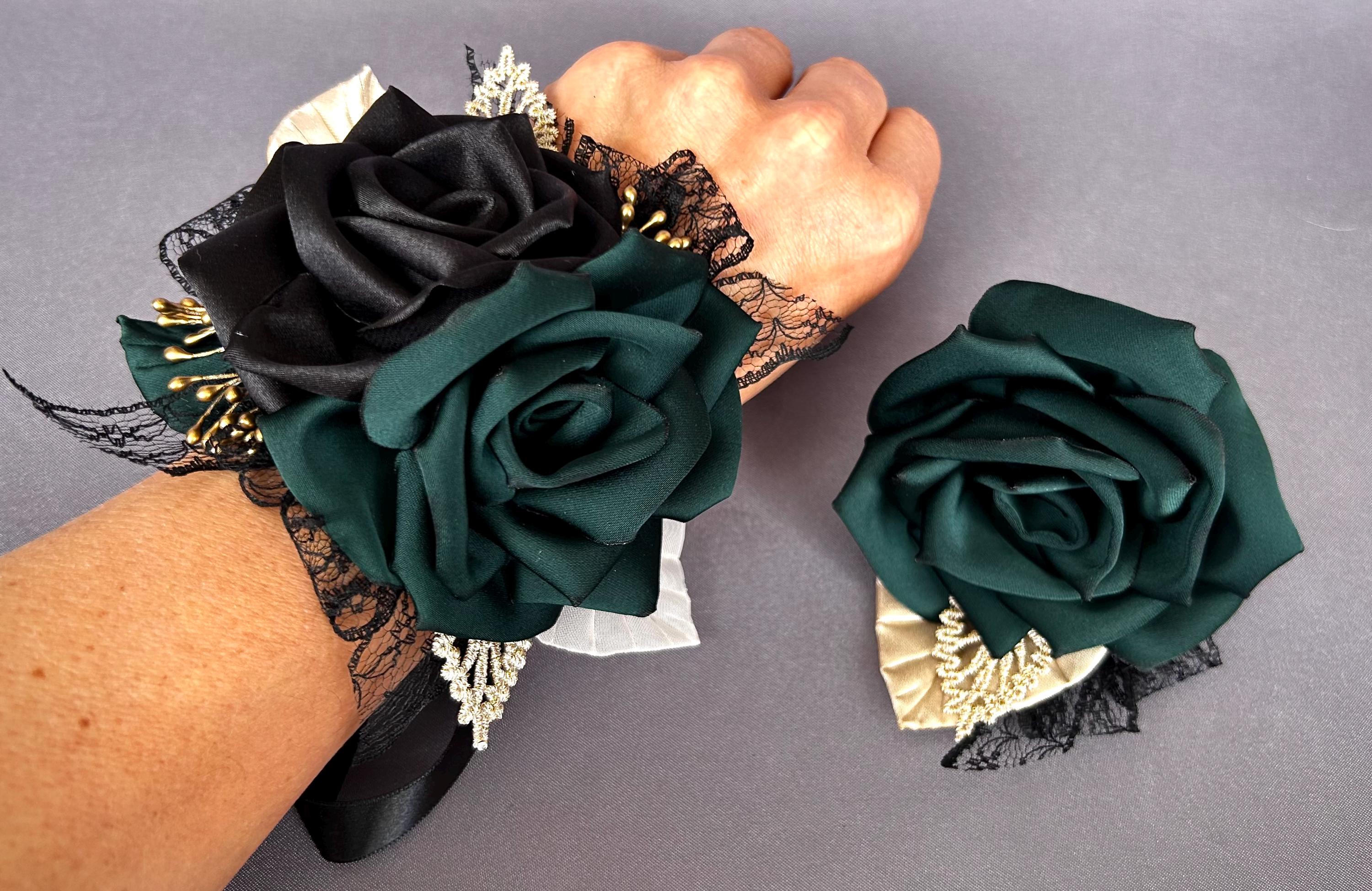 Emerald Green Black Flower Wrist Corsage Boutonniere Set, Prom Wedding ...