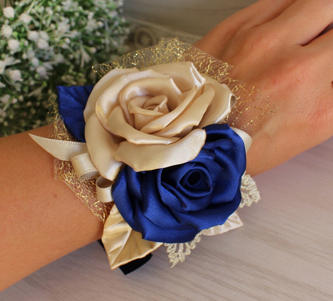 Champagne Royal blue gold Corsage boutonniere Set Wedding Grad | Etsy