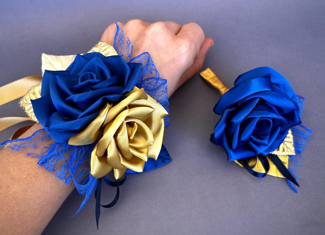 Royal Blue Gold Flower Wrist Corsage Boutonniere Set for Wedding Prom ...