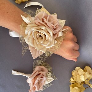 Champagne and Blush Pink Gold Corsage Boutonnière Wedding Prom Graduate ...
