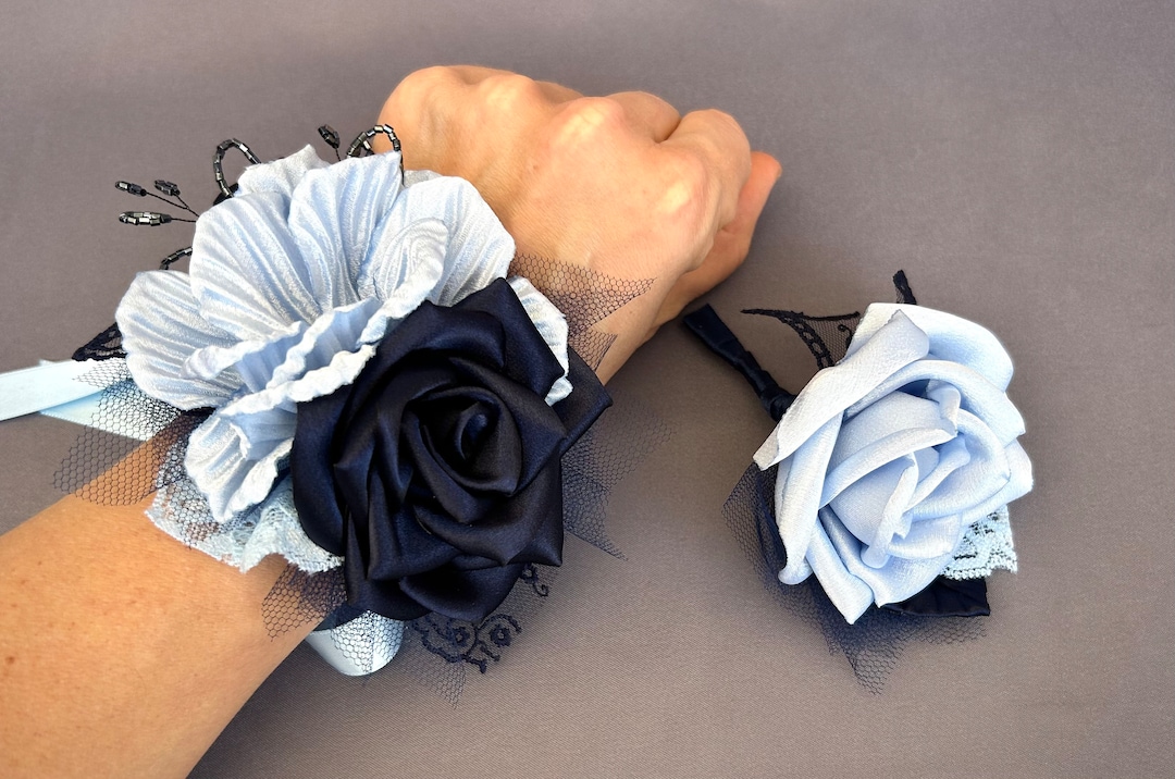 Navy Blue and Sky Blue Wrist Corsage Boutonniere Wedding Grad Prom ...
