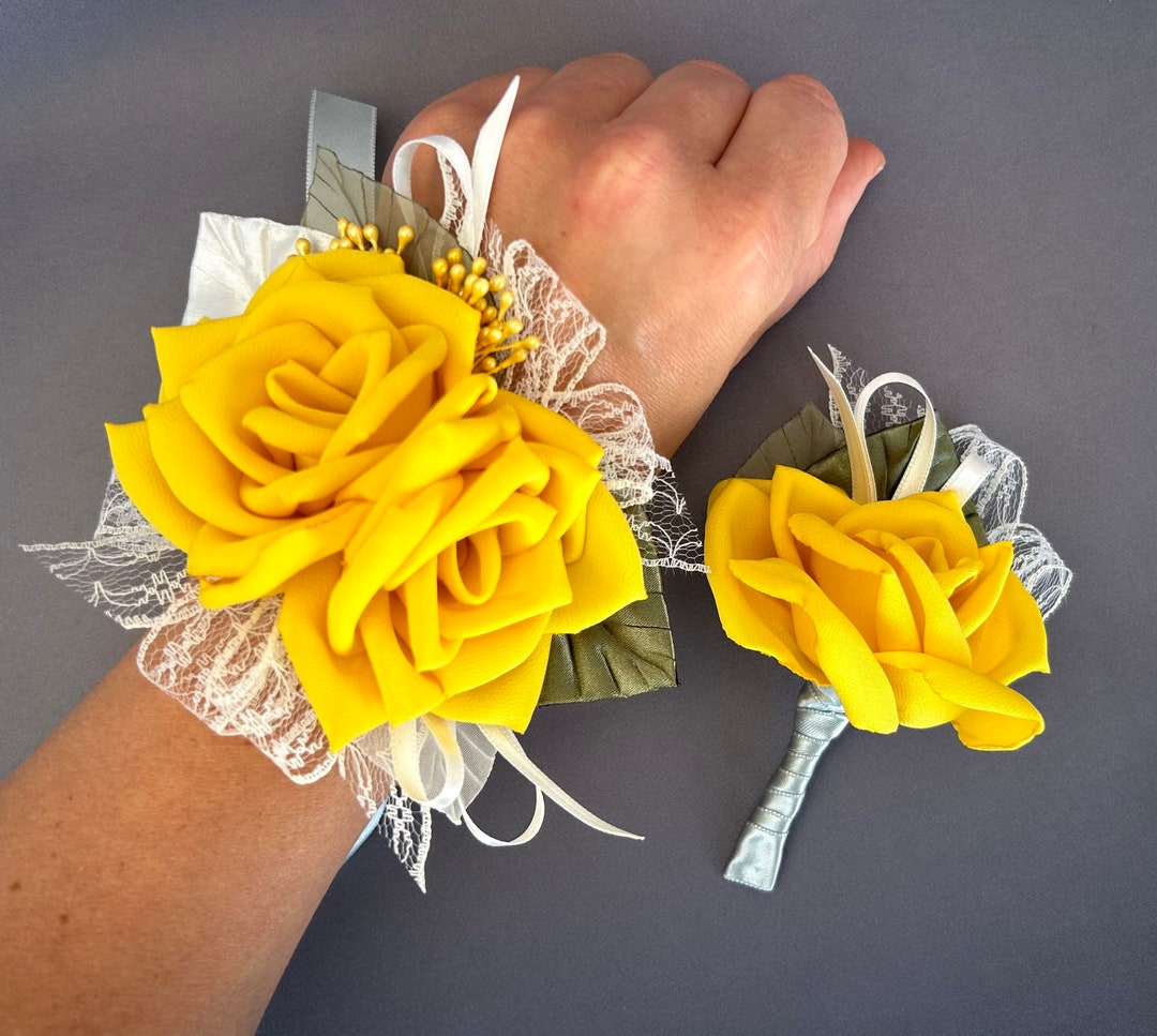 Yellow Wrist Corsage Boutonniere Grad Prom Wedding Corsage Boutonniere ...
