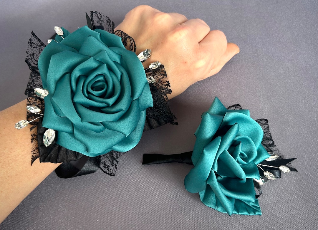 Teal Black Flower Wrist Corsage or Boutonniere Set Wedding Wrist ...