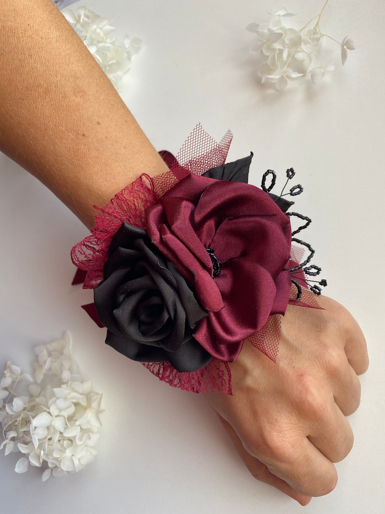 Burgundy Black Wrist Corsage Boutonniere Wedding Grad Prom | Etsy