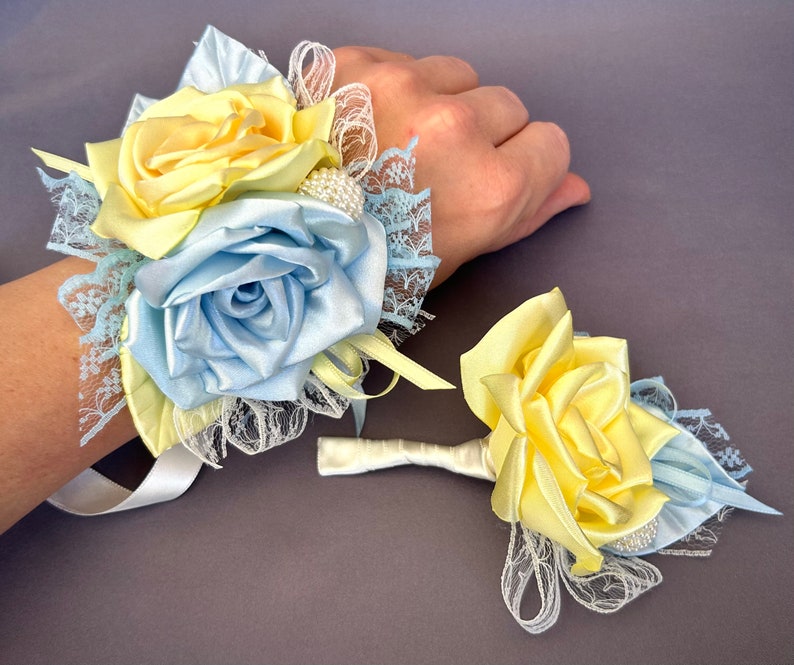 Blue Yellow Flower Wrist Corsage Boutonnière Pale Blue Yellow - Etsy