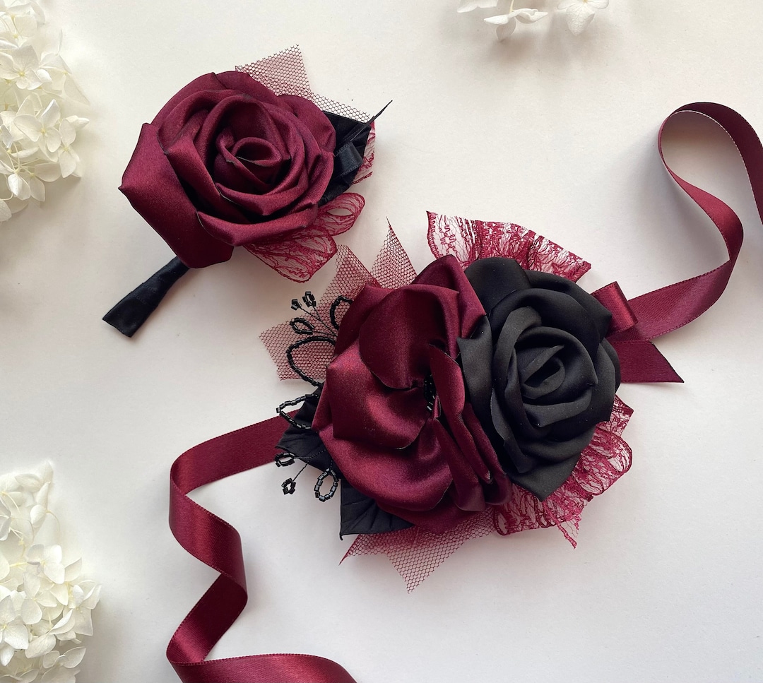 Burgundy Black Wrist Corsage Boutonniere Wedding Grad Prom Corsage ...