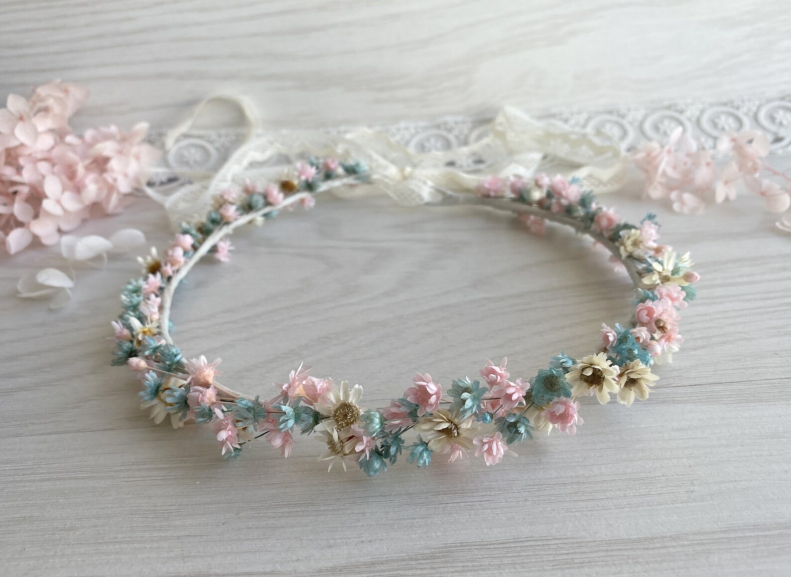 Blue Pink Cream Natural Flower Crown Floral Boho Flower Hair Wreath ...