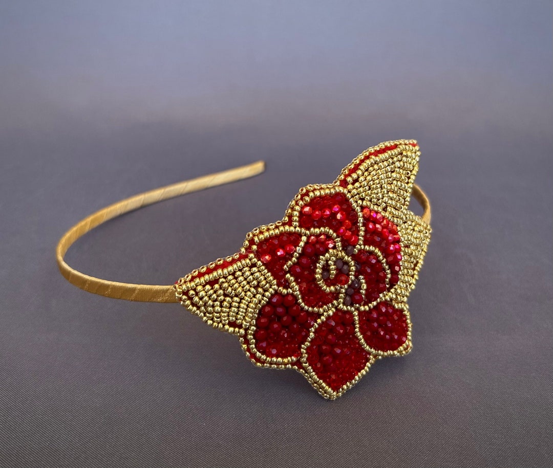 Gold Red Rose Headband Beaded Crystal Flower Headband Jewelry Headband