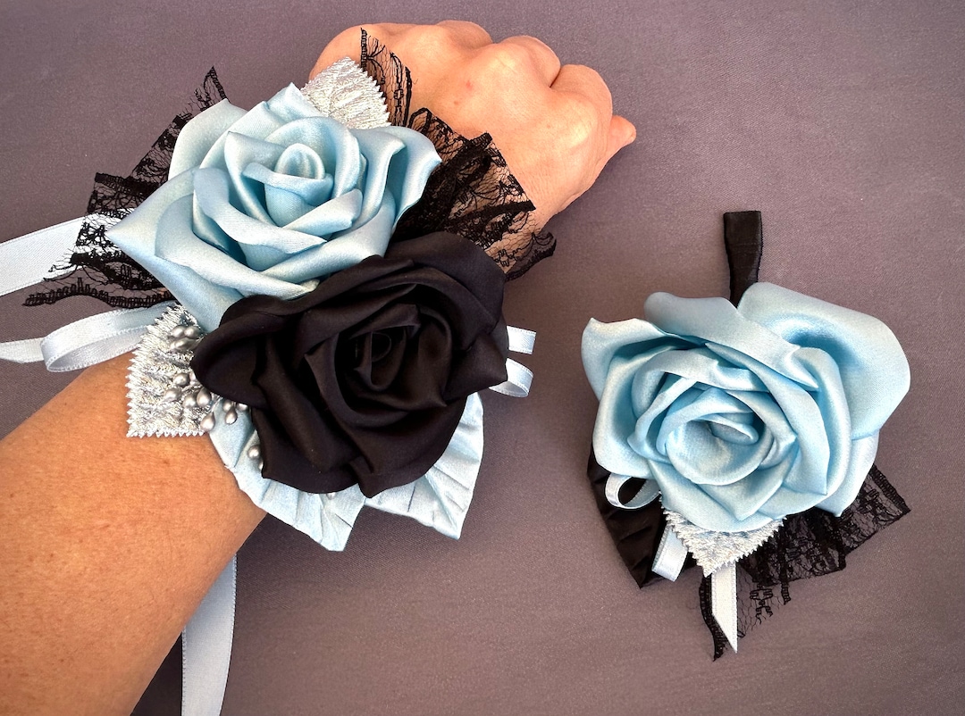 Blue and Black Flower Wrist Corsage Boutonniere Set Bridesmaid Corsage ...