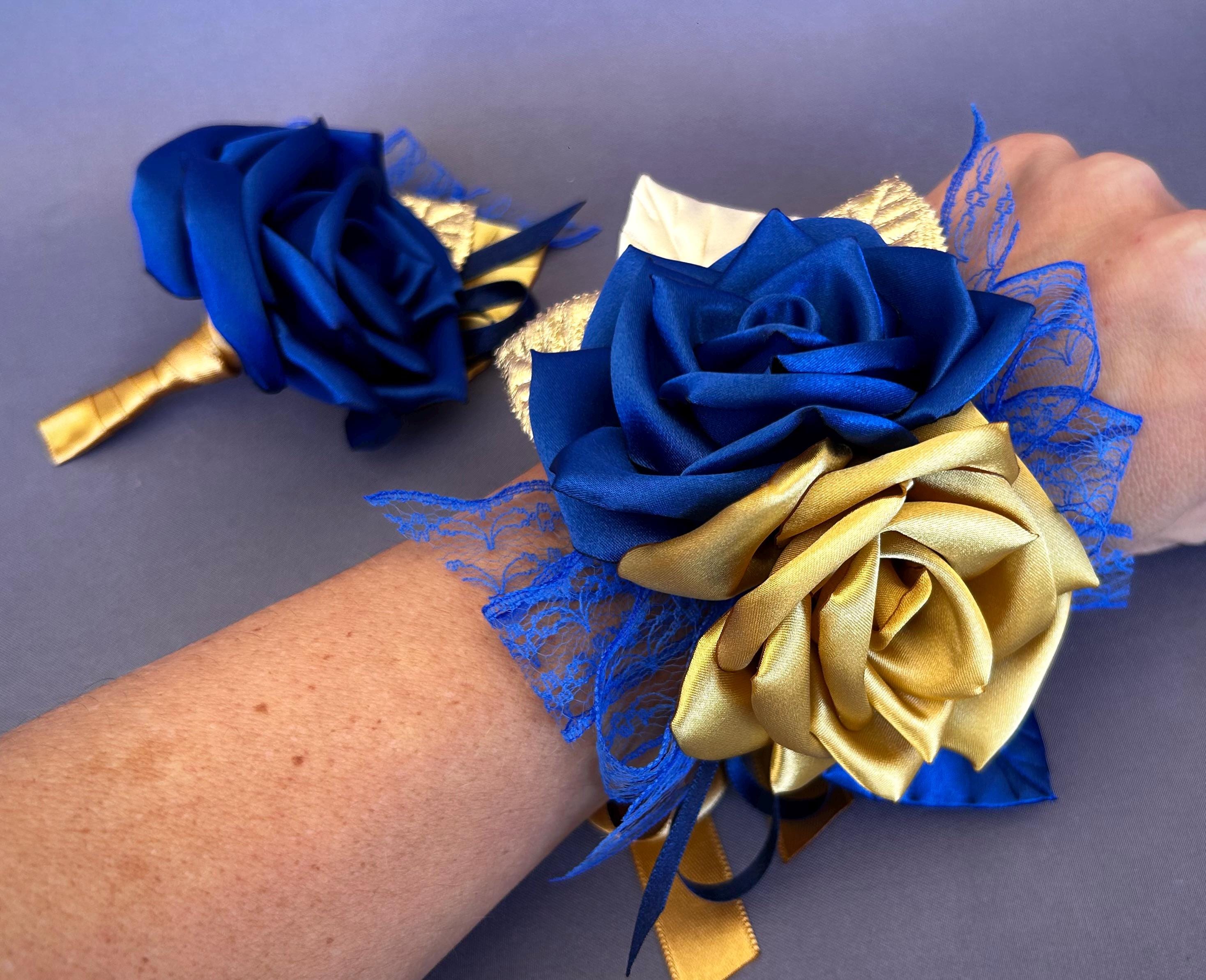 Royal Blue Gold Flower Wrist Corsage Boutonniere Set for Wedding Prom ...