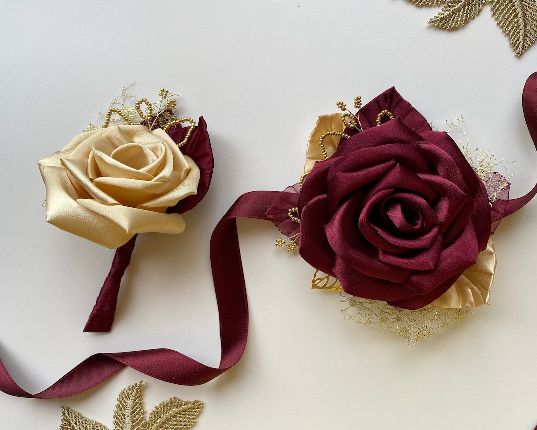 Burgundy Gold or Silver Wrist Corsage Boutonniere Wedding Homecoming ...