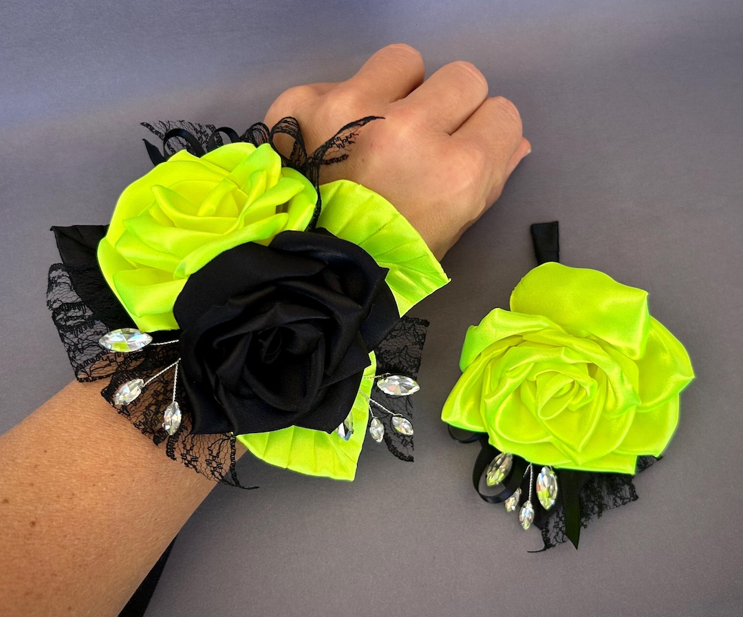 Hot Neon Fluorescent Yellow and Black Flower Wrist Corsage Boutonniere ...