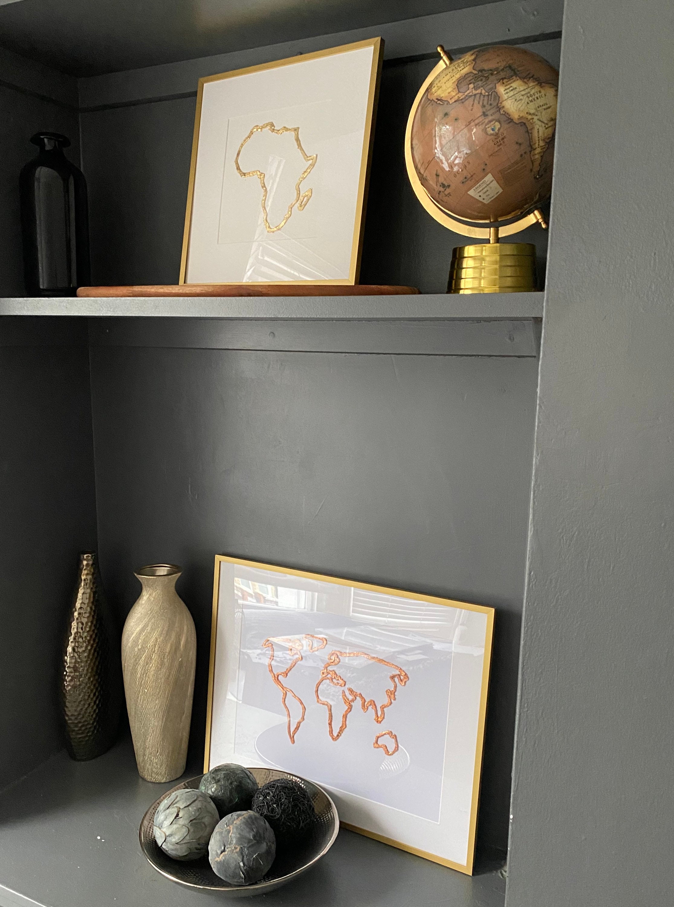 Original Gold Leaf World Map Outline Art Decor in Black/white/gold ...