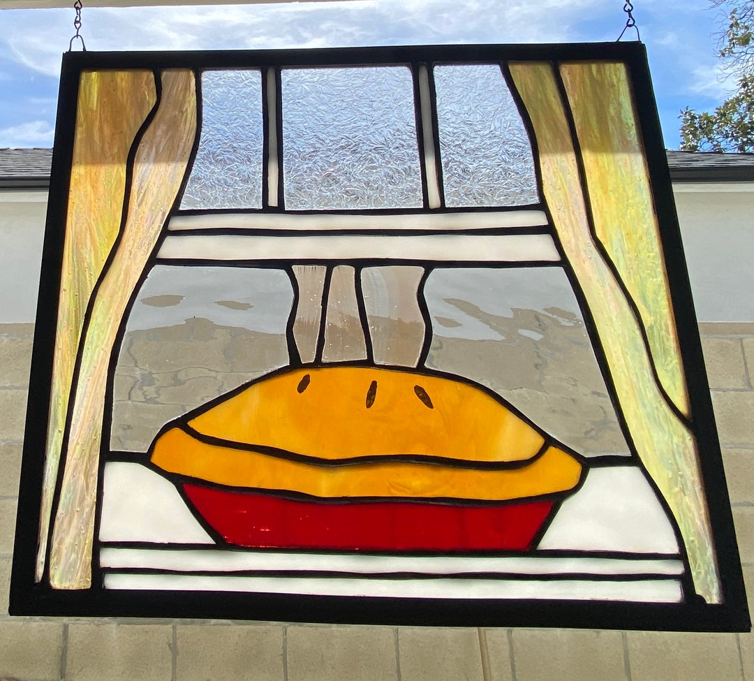 Pie on Windowsill Stained Glass Panel - Farmhouse Window Art (12" X 14 ...