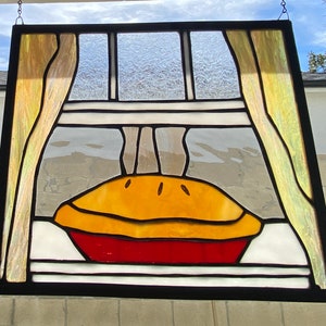 Pie on Windowsill Stained Glass Panel - Farmhouse Window Art (12" X 14 ...