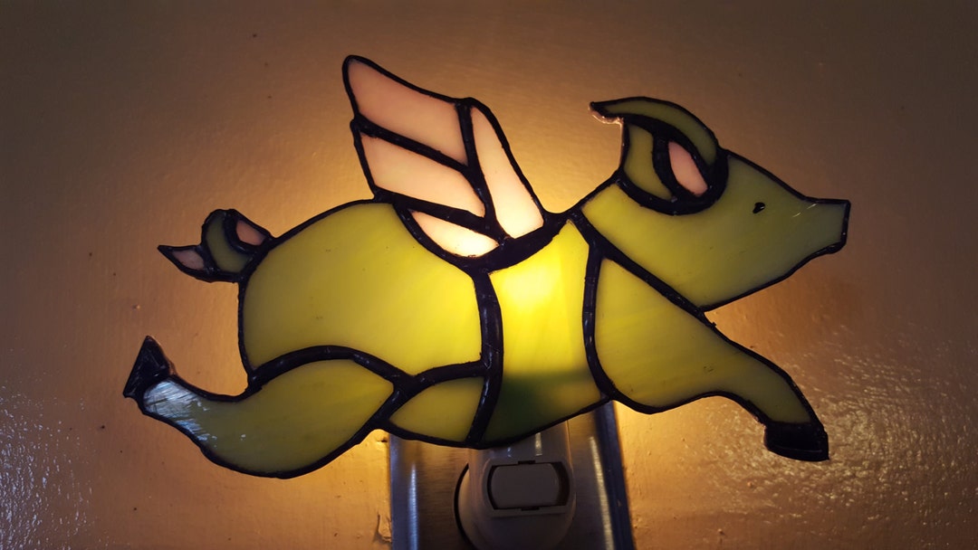 Lime Green Flying Pig Nightlight in Stained Glass- Approx 4" X 6 ...