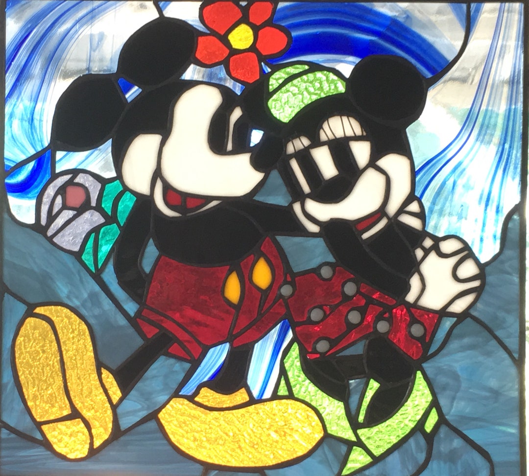 Mickey & Minnie Mouse Stained Glass Panel- Approx 17" Square- 140 Pcs ...
