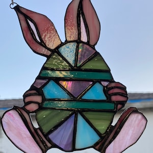 Easter Bunny Holds Painted Egg Stained Glass Suncacther-measures 5x8 35 ...