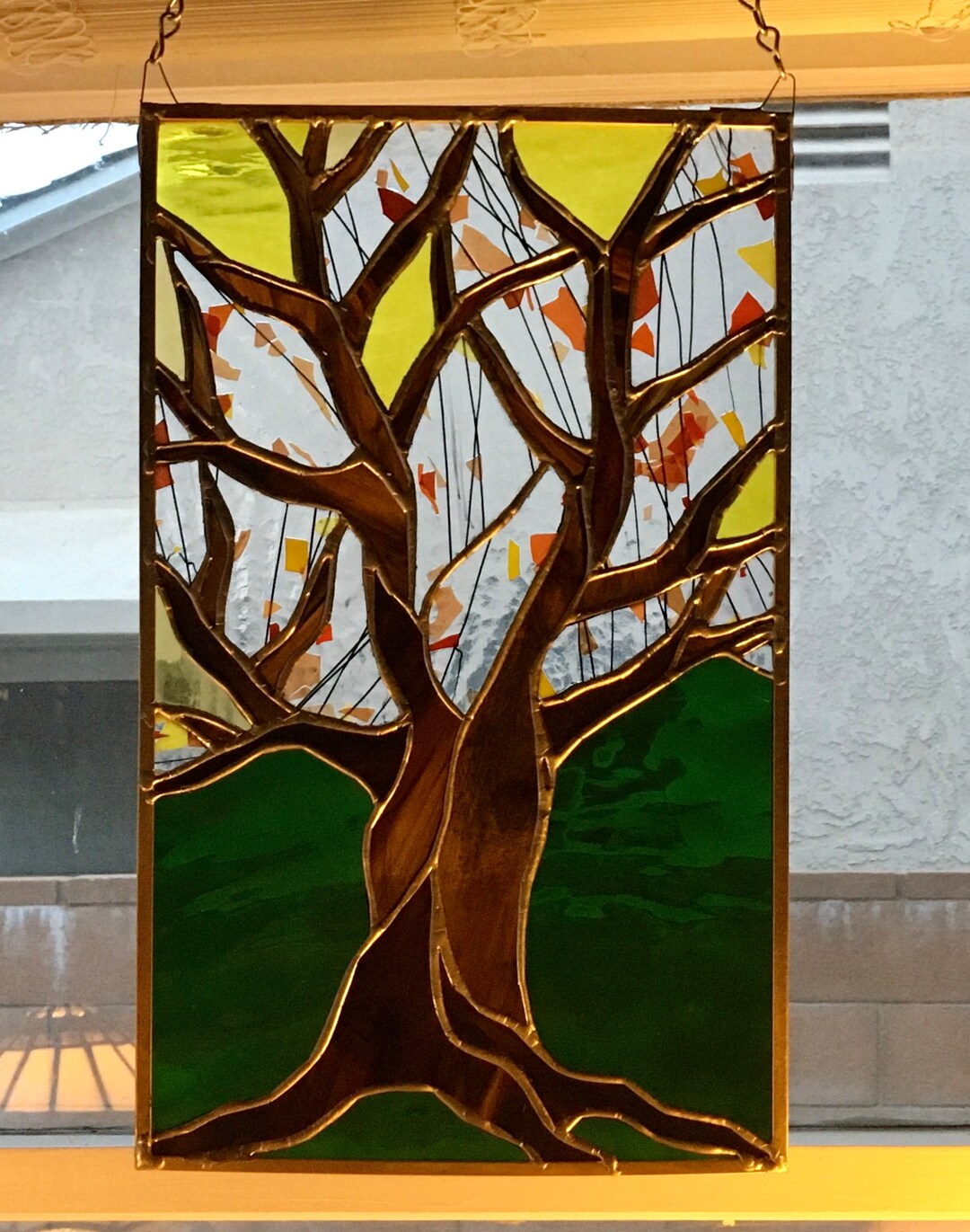 Autumn Tree Stained Glass Panel 11x17 Brasss Frame FREE Shipping-ready ...