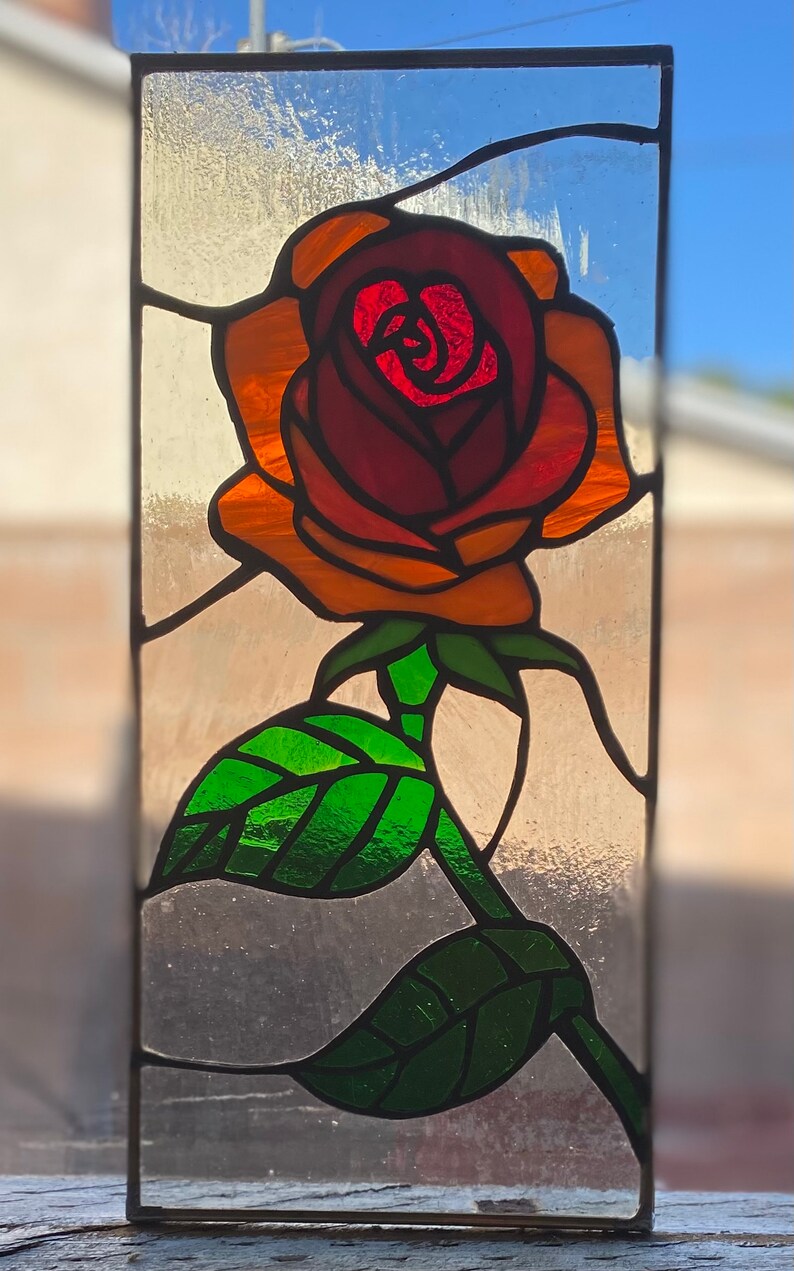 Stained Glass Rose Panel: Blood Orange & Red Window Hanging (7x15") - Etsy