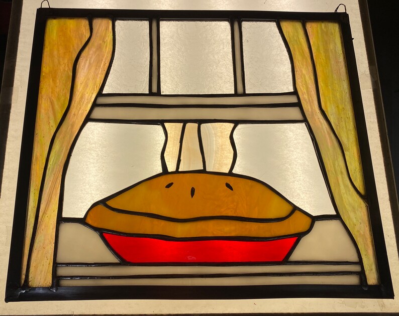 Pie on Windowsill Stained Glass Panel - Farmhouse Window Art (12" X 14 ...
