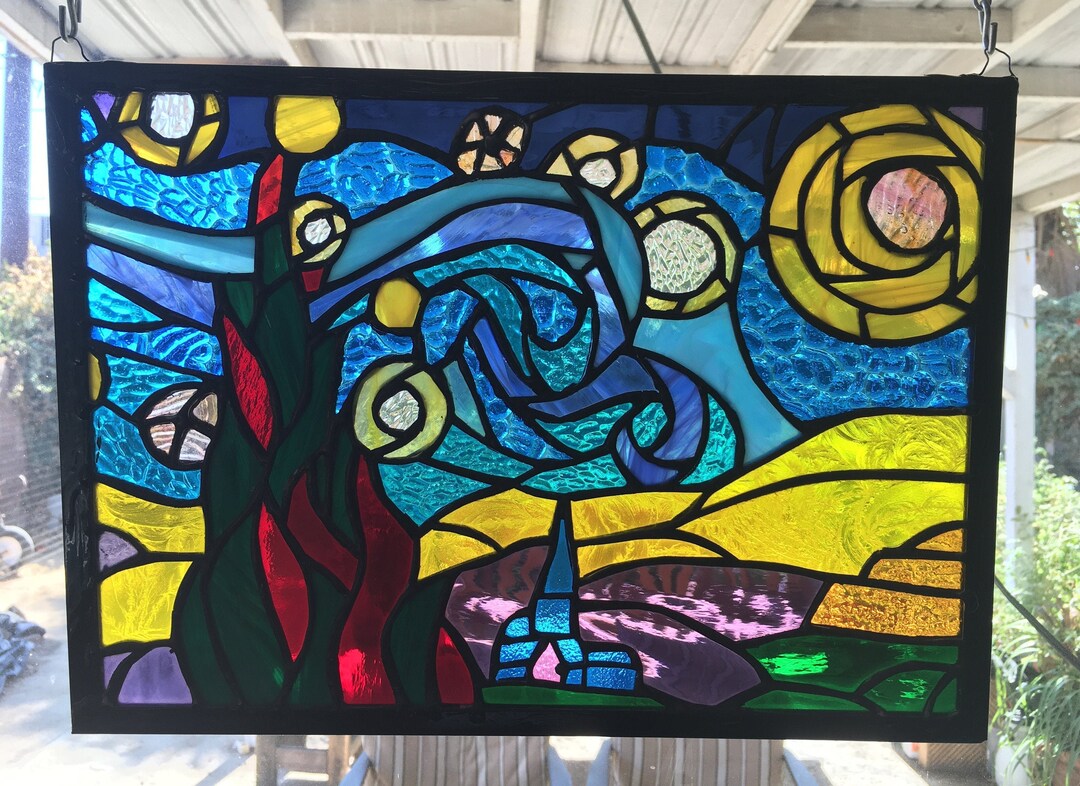 Starry, Starry Nite Stained Glass Panel- Approx. 12" X 16" - 137 Pieces ...