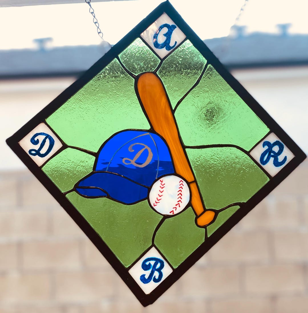 Baseball Themed Stained Glass Diamond Shaped Framed Panel-1 Sq Ft ...