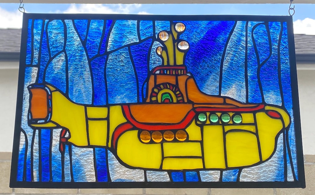 Yellow Submarine Stained Glass Panel- 159 Pieces- 10” X 17”. Hangers ...