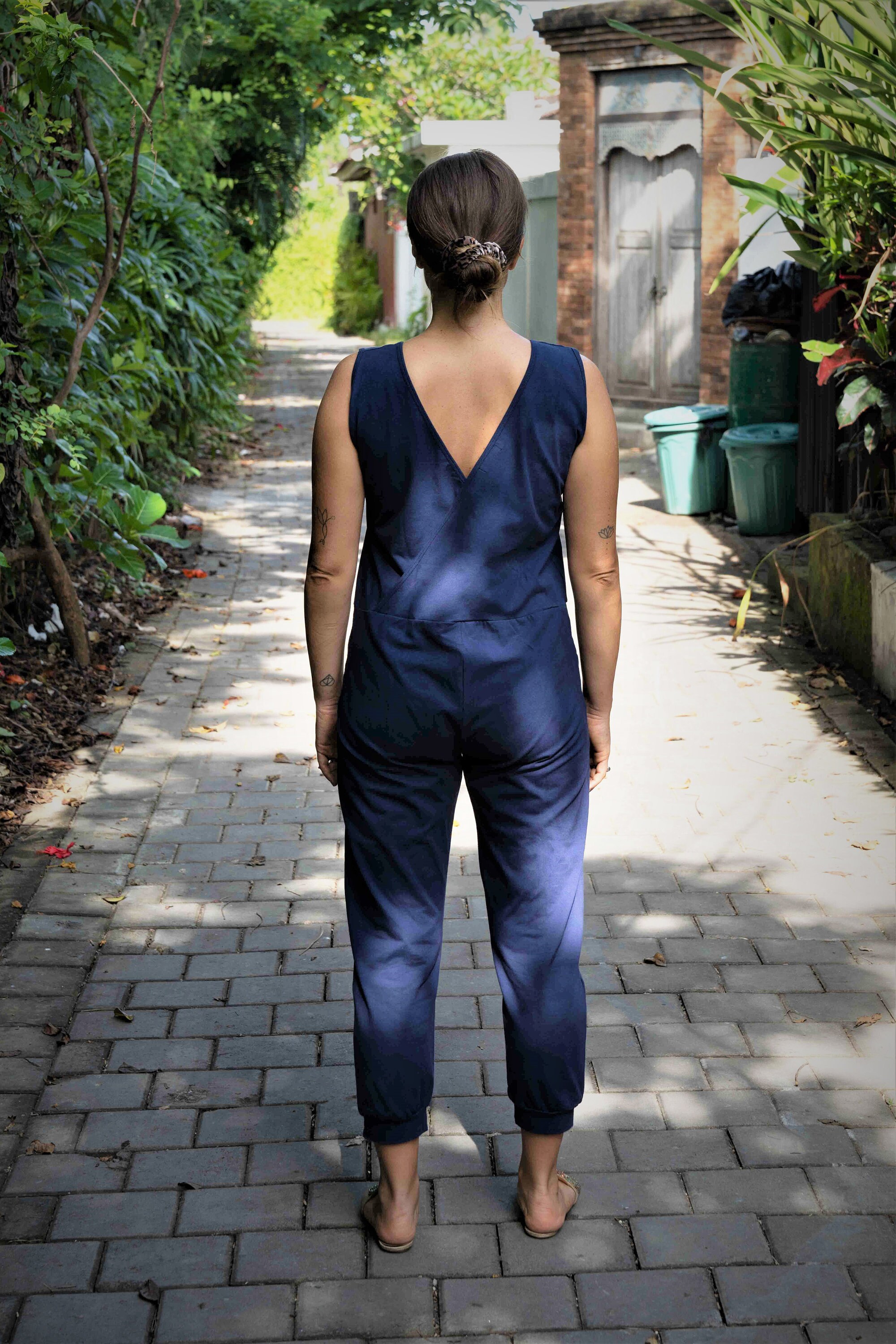 AMSTERDAM - Navy Blue Yoga Jumpsuit: Sleeveless Cotton Stretch ...