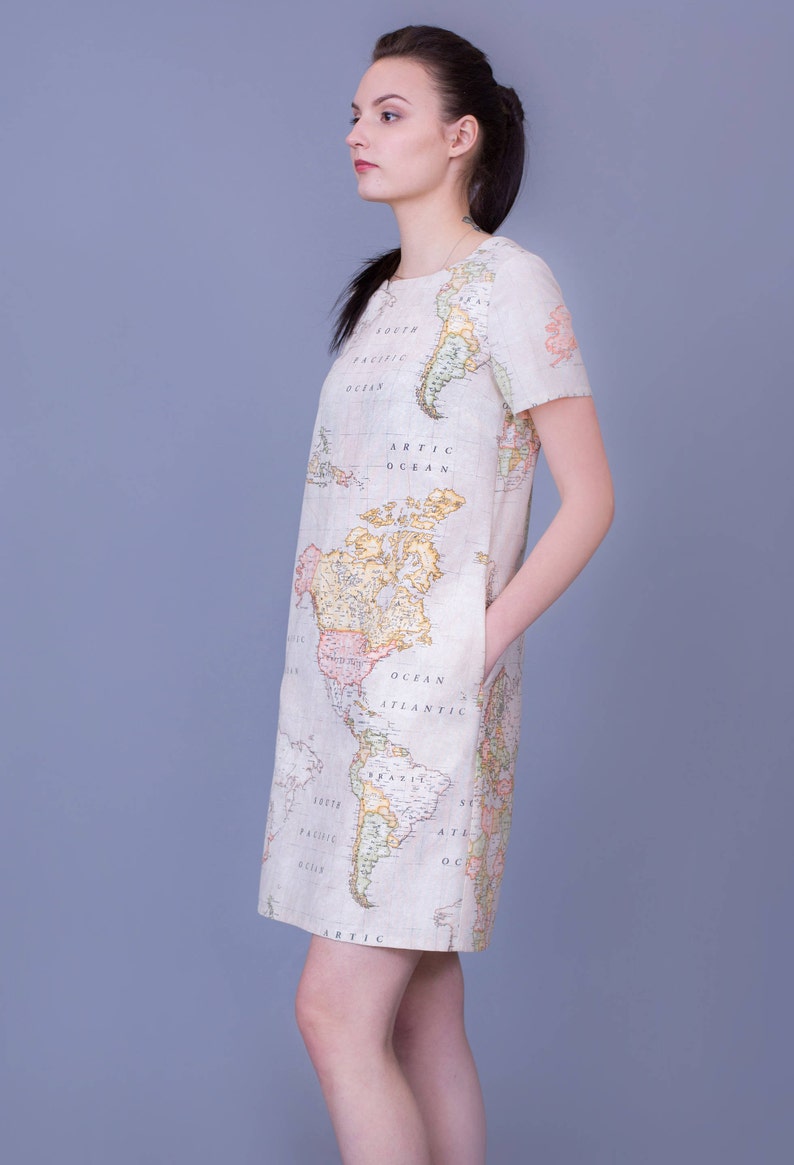 World Map Dress / Light Brown Dress / Short Sleeve Dress / | Etsy