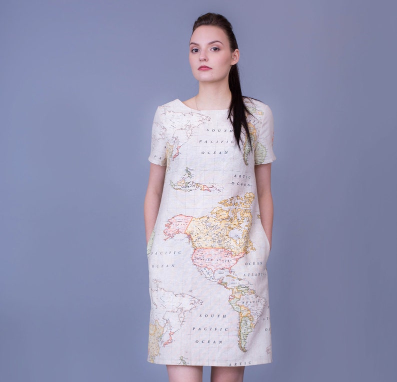 World Map Dress / Light Brown Dress / Short Sleeve Dress / | Etsy