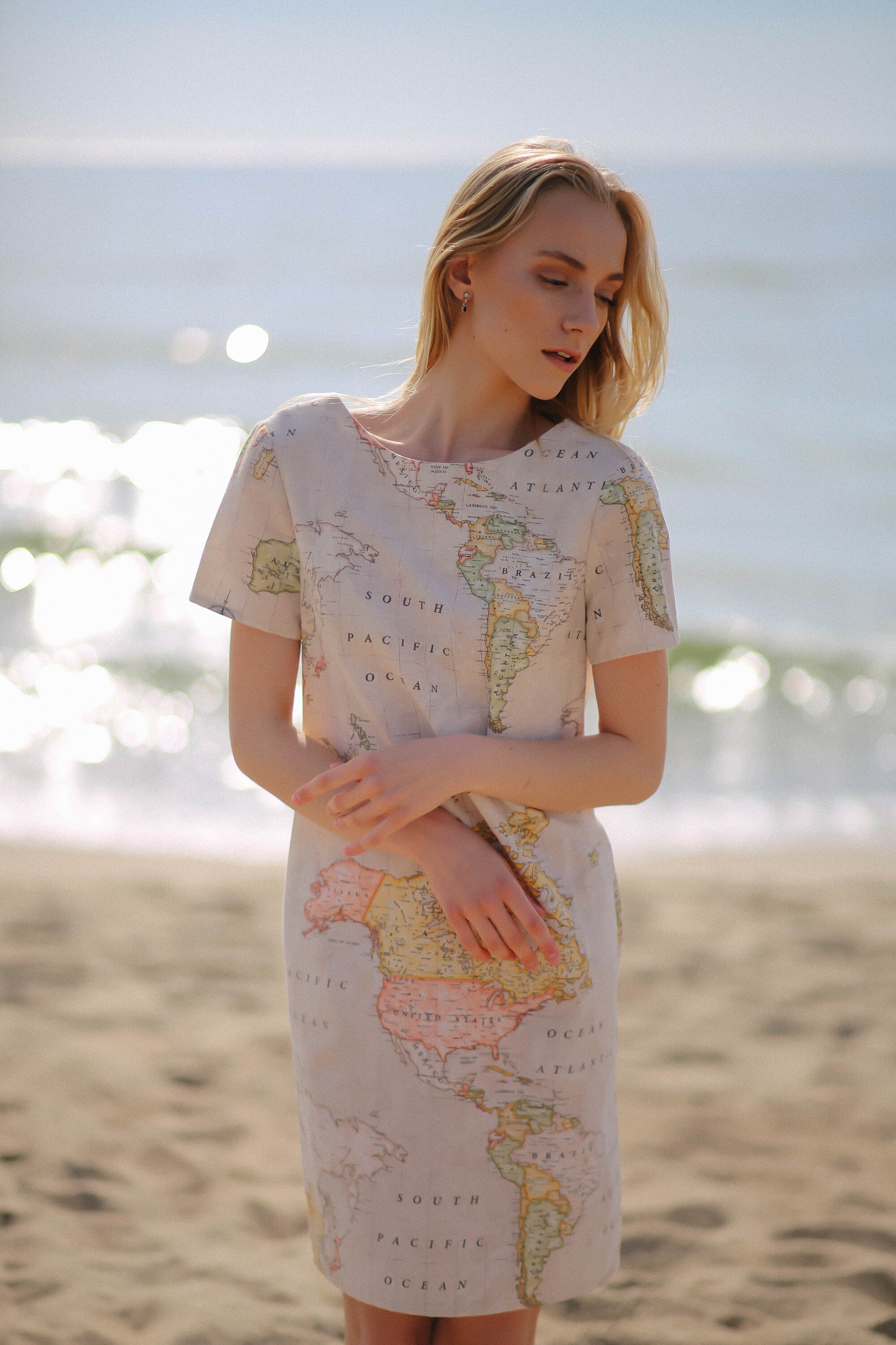 World Map Dress / Light Brown Dress / Short Sleeve Dress / | Etsy
