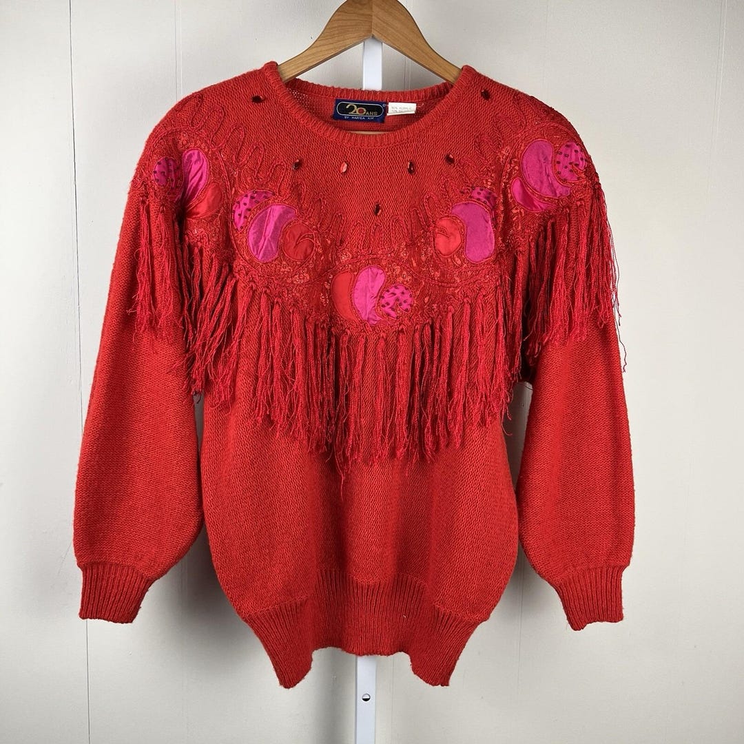Vintage 20 ANS by Mariea Kim Sweater Womens Small Red Pink Applique ...