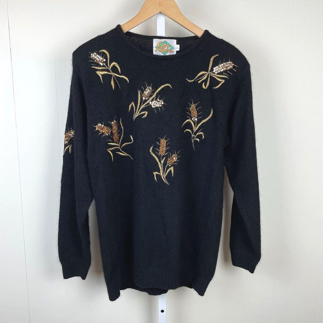 Corn Flakes Vintage Sweater Black Embroidered Sequin Wheat Silk Angora ...