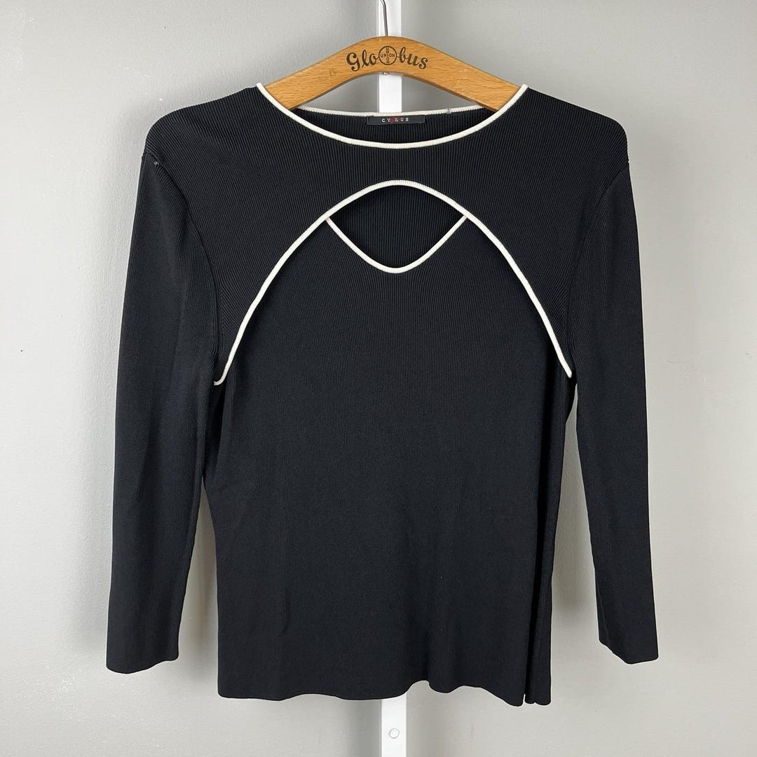 Vintage Cyrus Ribbed Knit Top Womens Large Black White Cutout Neckline ...