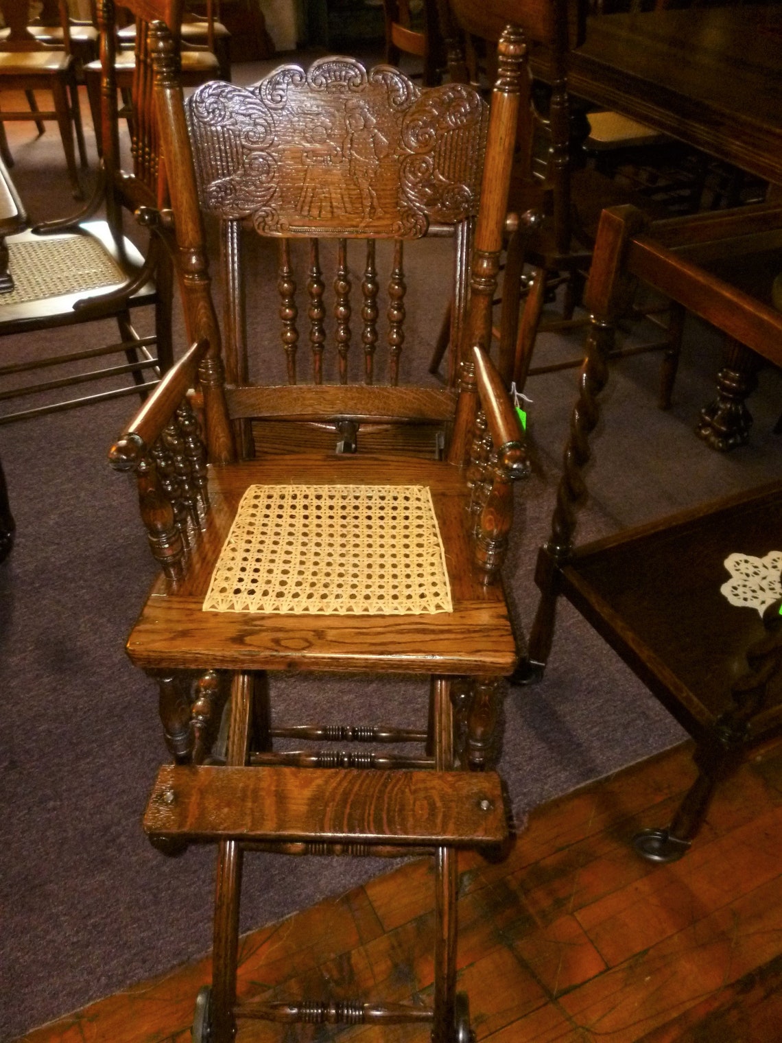 Antique Oak Press Back High Chair / Stroller Convertible 1900's ...