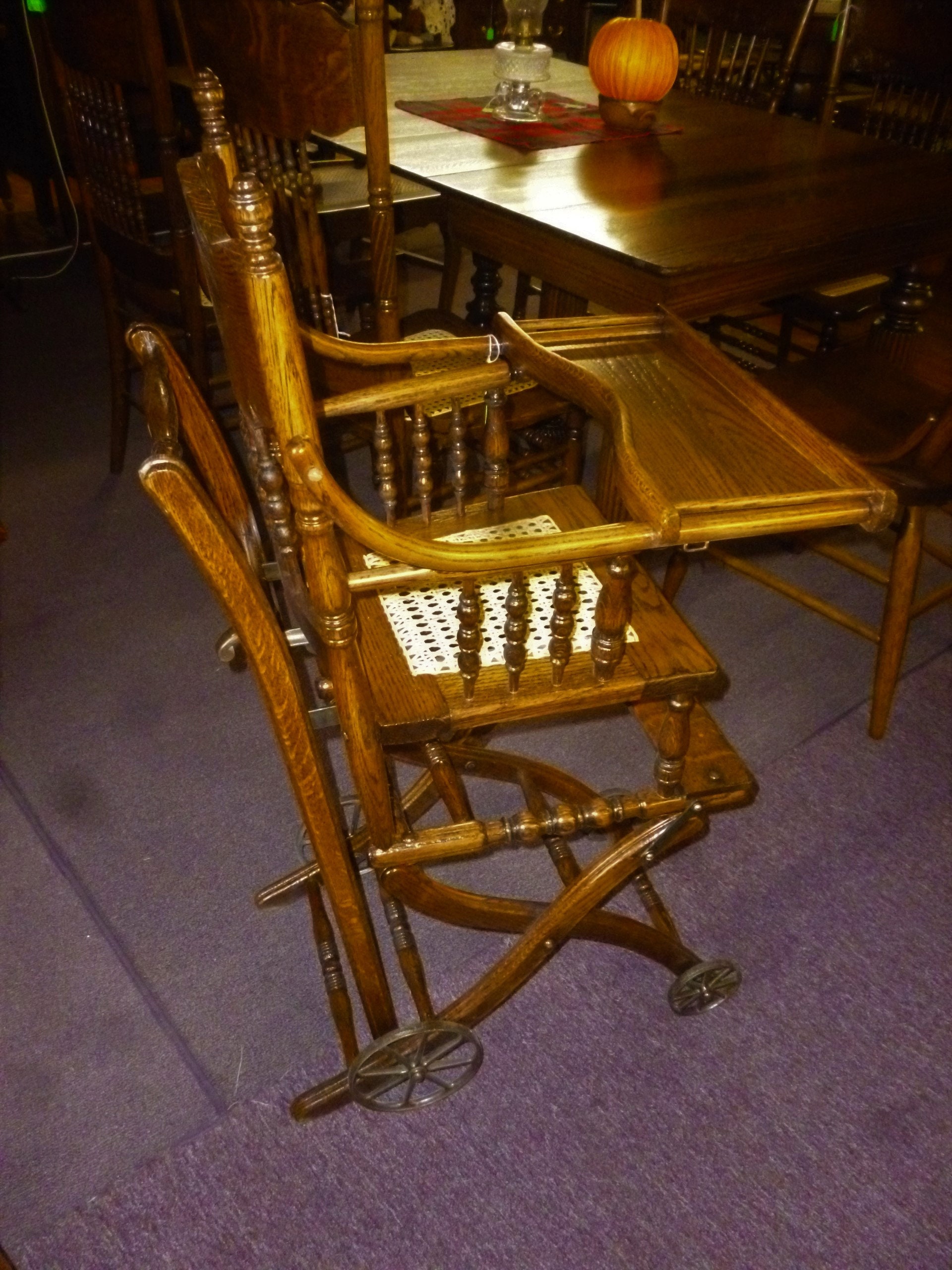 Antique Oak Press Back High Chair / Stroller Convertible 1900's ...