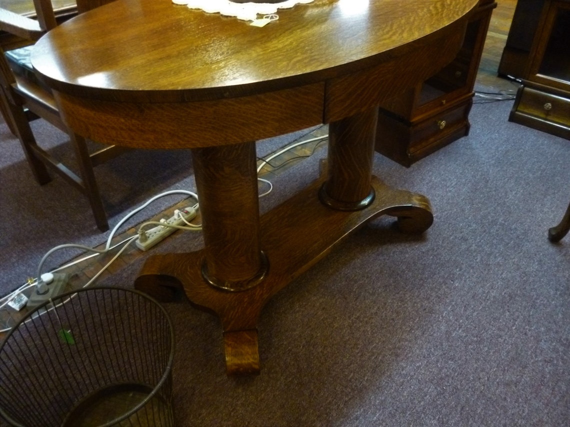 Antique Oak Library Table Desk W/ Drawer Refinished 1900's Oval Top ...