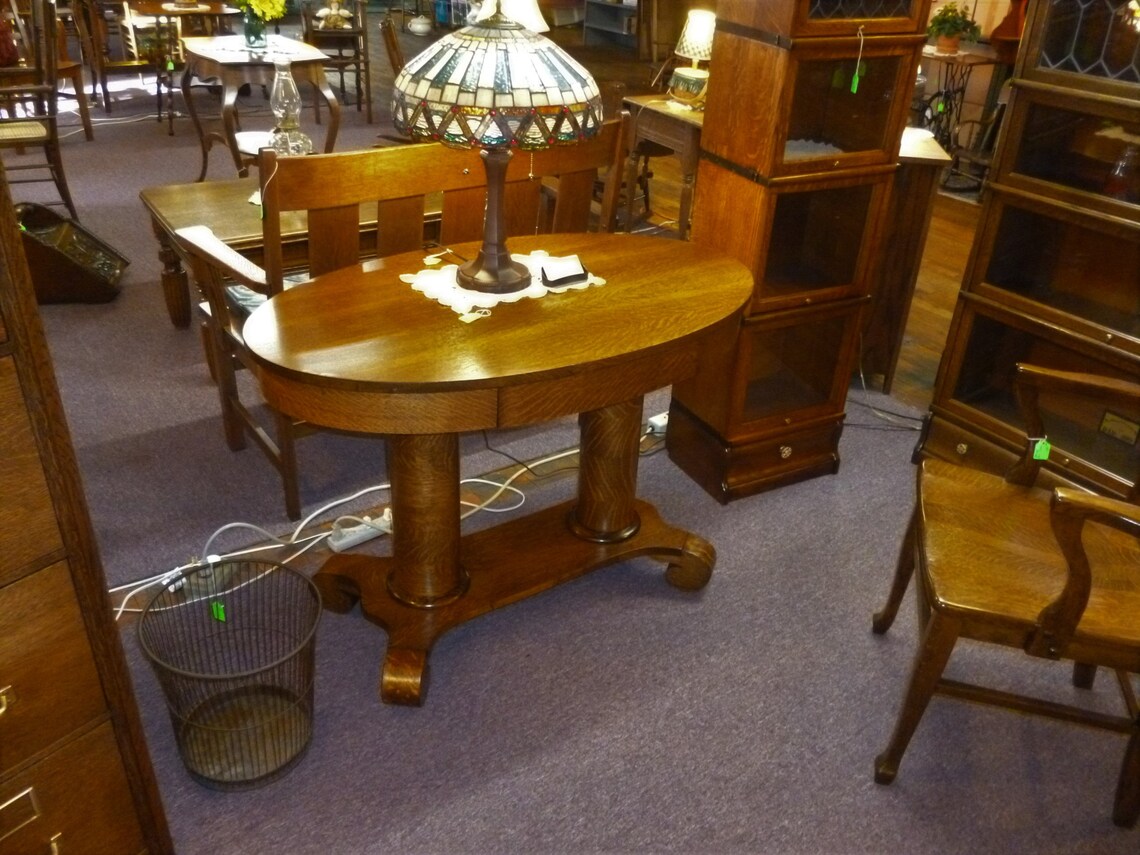 Antique Oak Library Table Desk W/ Drawer Refinished 1900's Oval Top ...