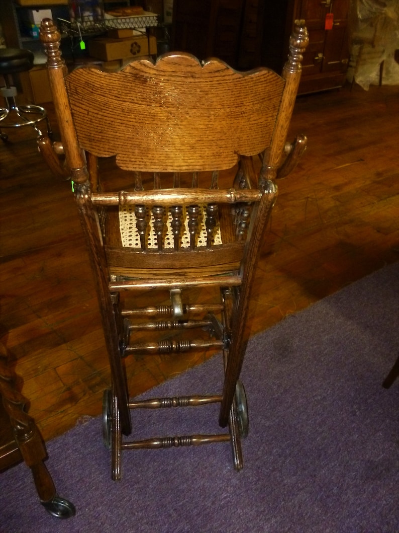 Antique Oak Press Back High Chair / Stroller Convertible 1900's ...