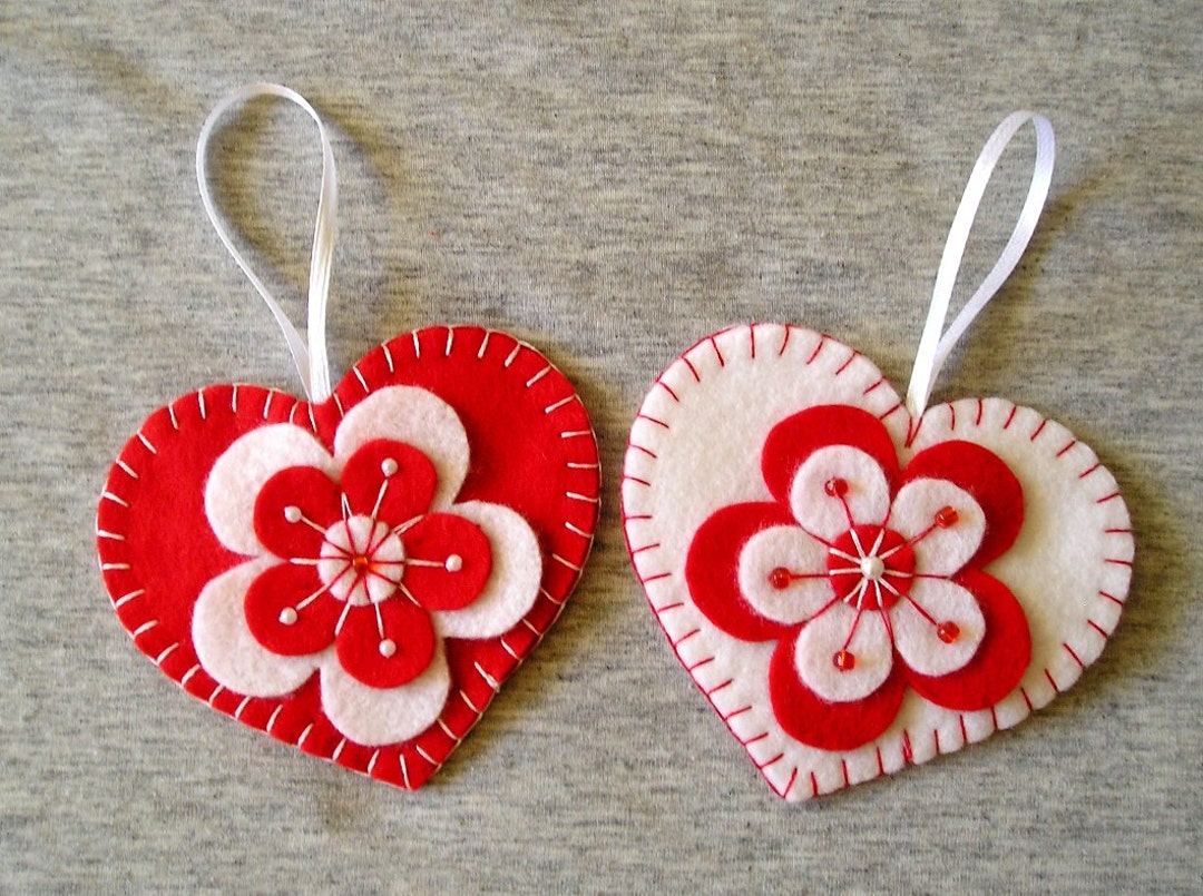 Felt Heart Ornament - Red Heart - Felt Flowers - Valentines Day Gift ...