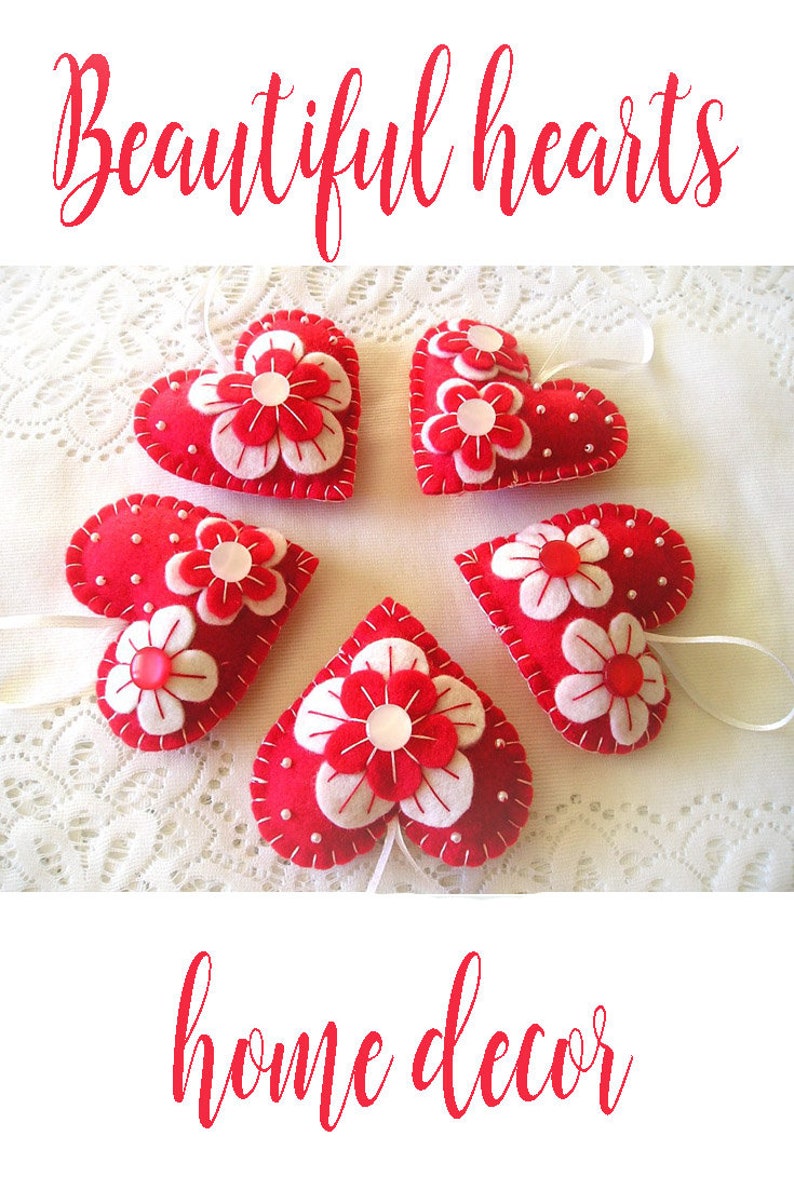 Felt Heart Ornament Set of 5 Red Hearts Decor Valentines Day - Etsy
