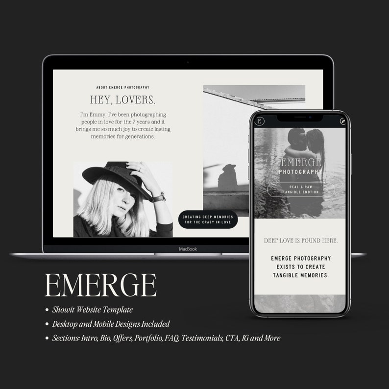 Moody Dark Photographer Website Template for Showit Photographer Website Black White Bold Vibe ...