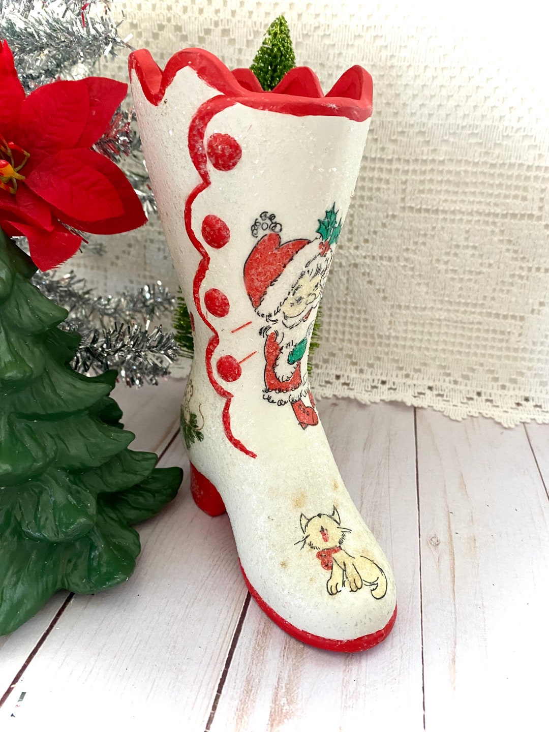 Christmas Boot Ceramic Vintage Decoupaged Santa Vase Planter Candy ...