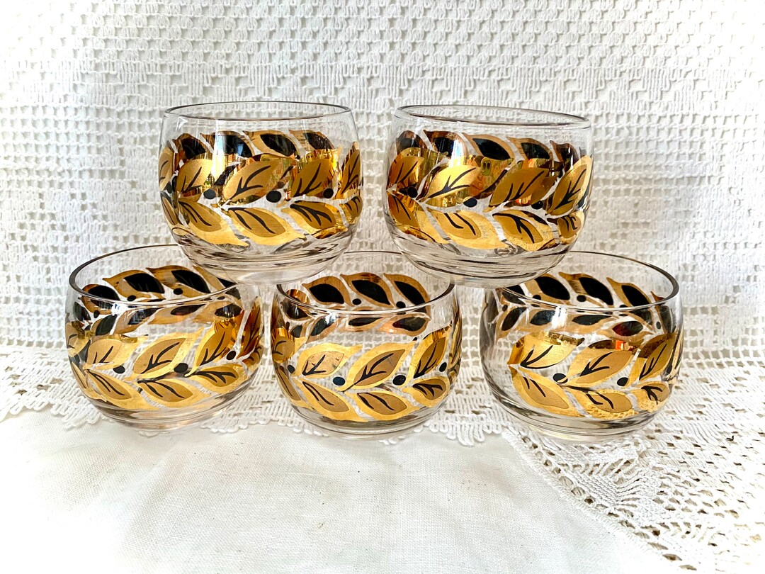 Federal Glass Roly Poly Vintage Rock Glasses Gold & Black Laurel Leaf ...