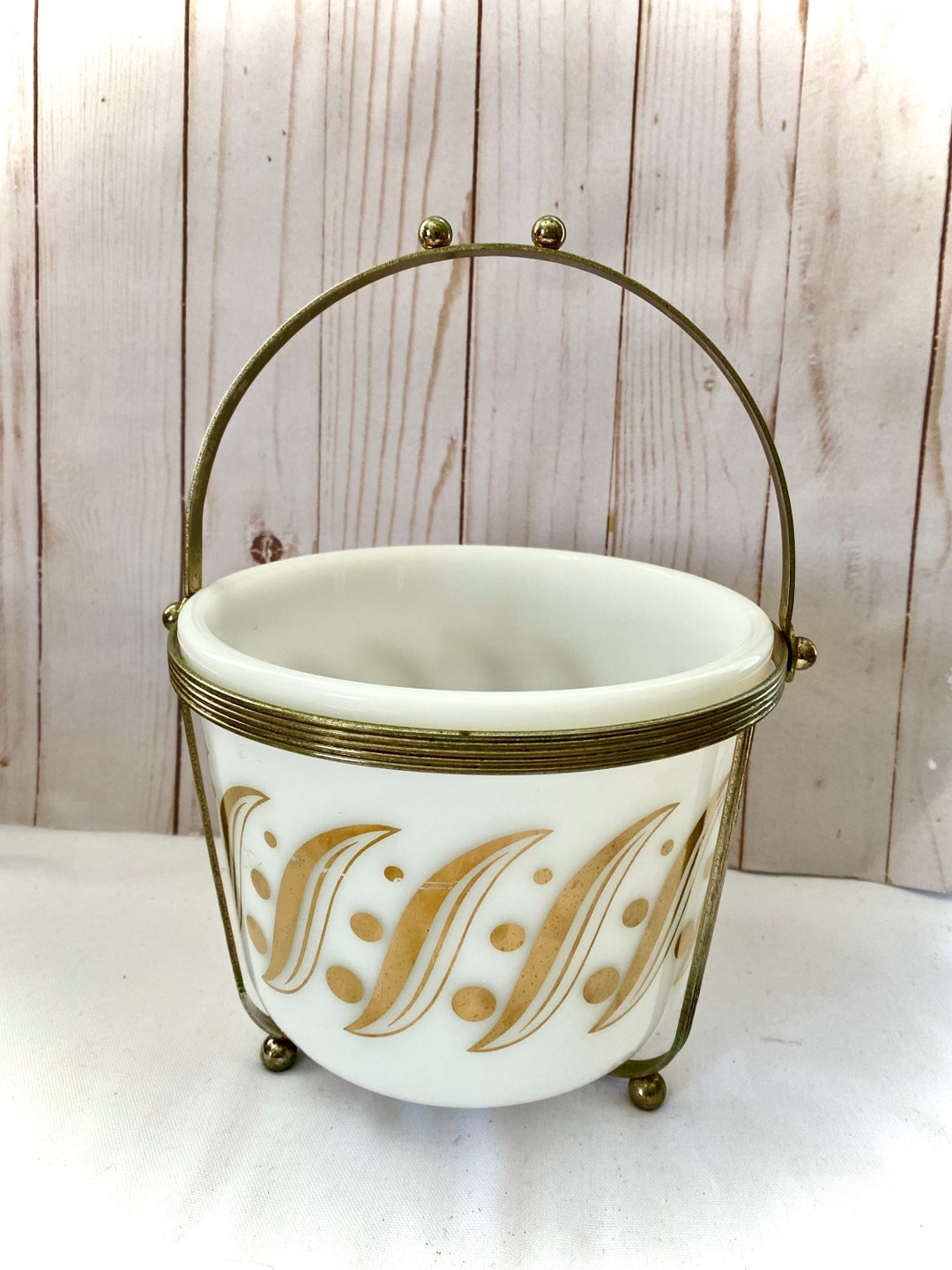 Retro Mid-century Mild Glass Ice Bucket Atomic Gold With Stand - Etsy