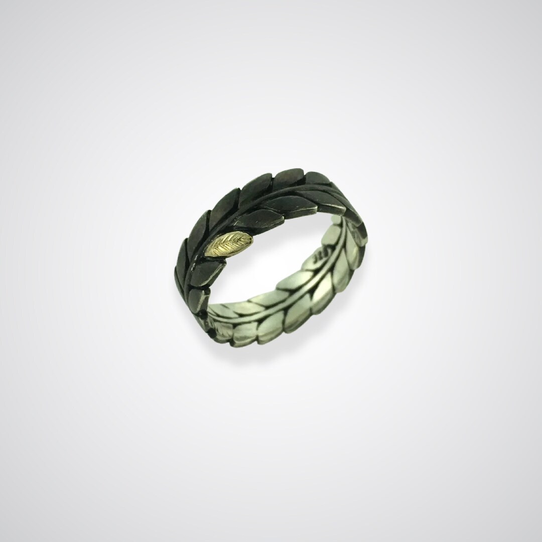 Laurel Leaf Ring – Oxidized Sterling Silver Band With Gold Accent ...