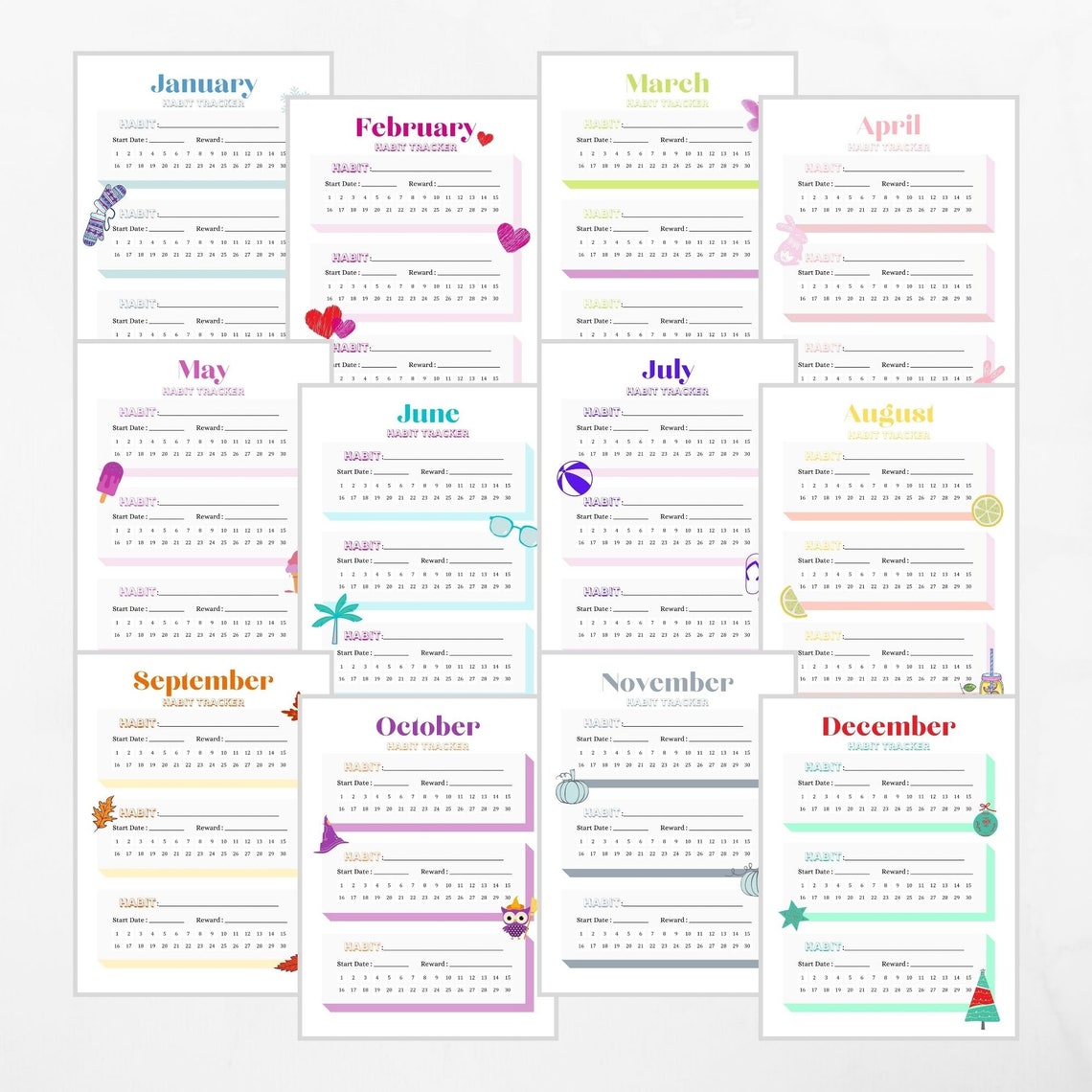 12 Month 30 Day Habit Tracker/goal Planner Printable Bundle - Etsy