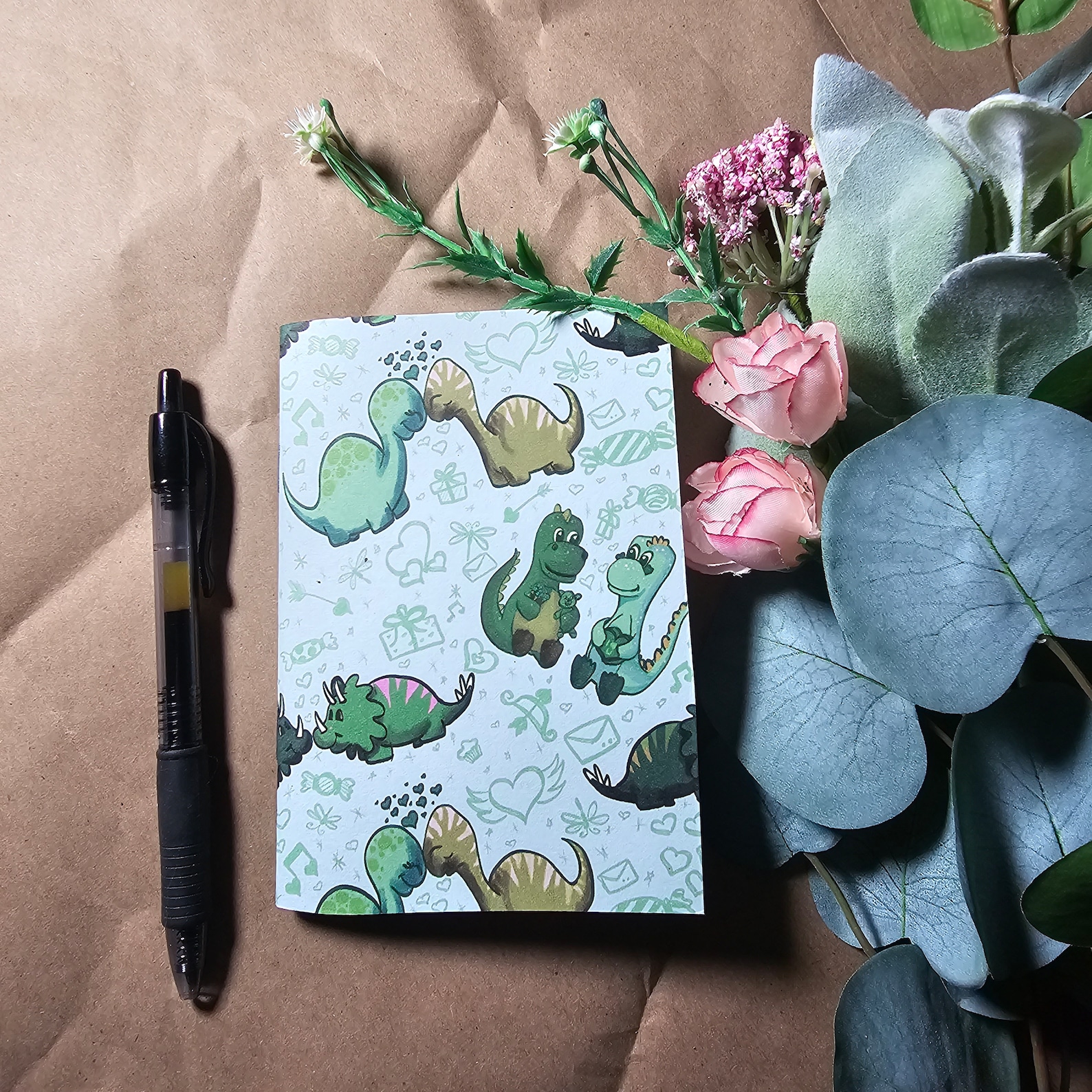 Handmade Small Notebook - Cute Dinosaurs in Love Design - 65lb Cover ...