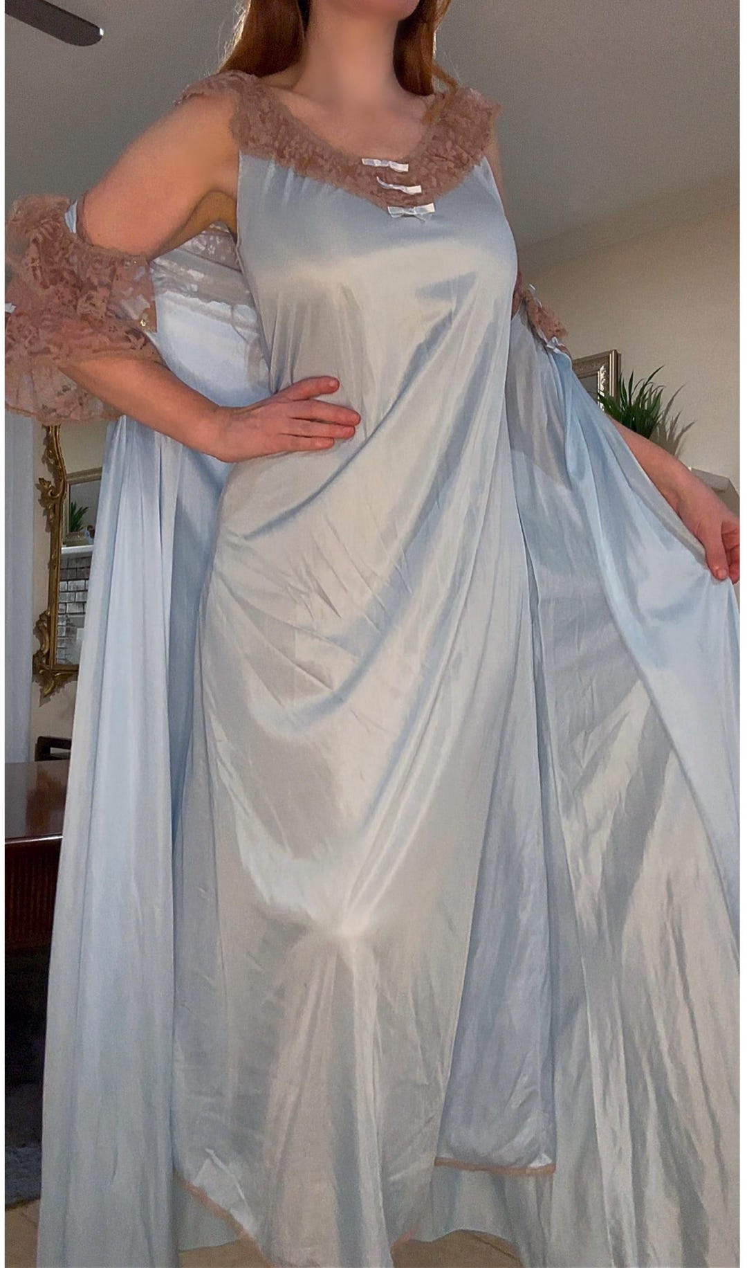 Vintage Henson Kickernick Nightgown & Robe Set Blue W Brown Lace Ruffle ...